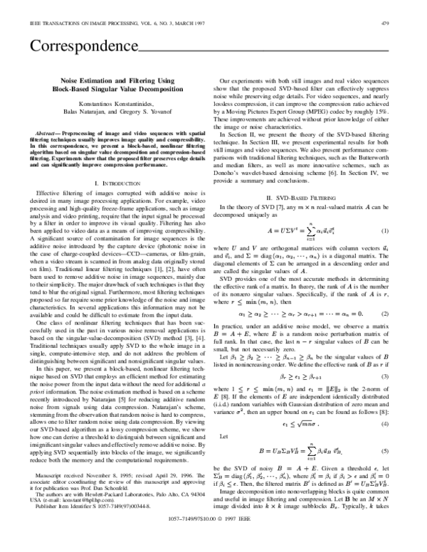 (PDF) Noise estimation and filtering using block-based singular value decomposition