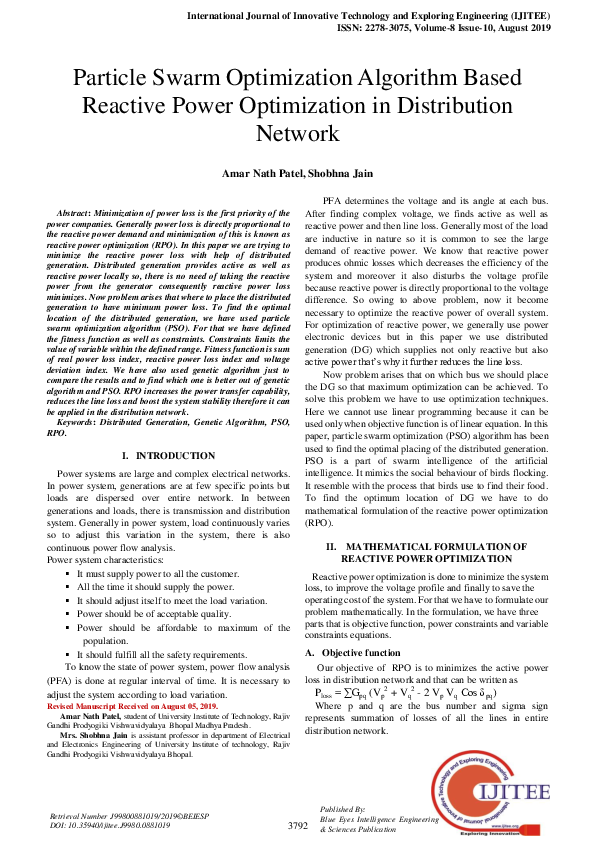 (PDF) Particle Swarm Optimization Algorithm Based Reactive Power ...