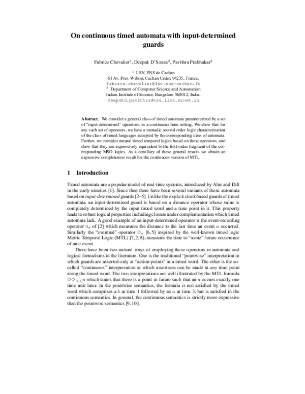 Pdf On Continuous Timed Automata With Input Determined Guards