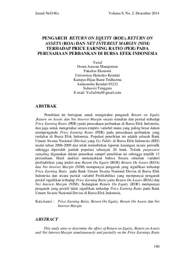 (PDF) Pengaruh Return on Equity (Roe), Return on Assets (Roa) Dan Net Interest Margin (Nim ...
