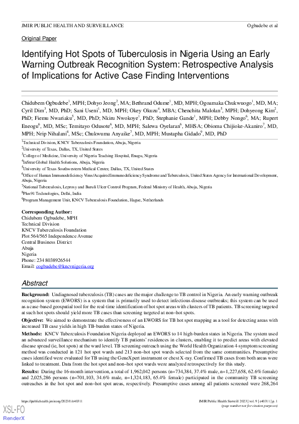 (PDF) Identifying Hot Spots of Tuberculosis in Nigeria Using an Early Warning Outbreak ...