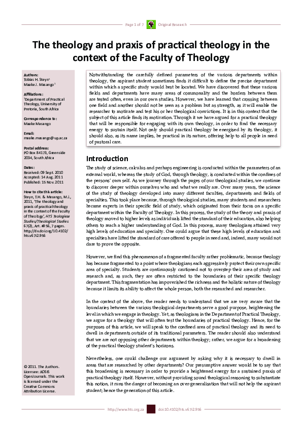 (PDF) The theology and praxis of practical theology in the context of ...