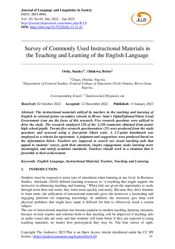 (PDF) Survey of Commonly Used Instructional Materials in the Teaching and Learning of the ...
