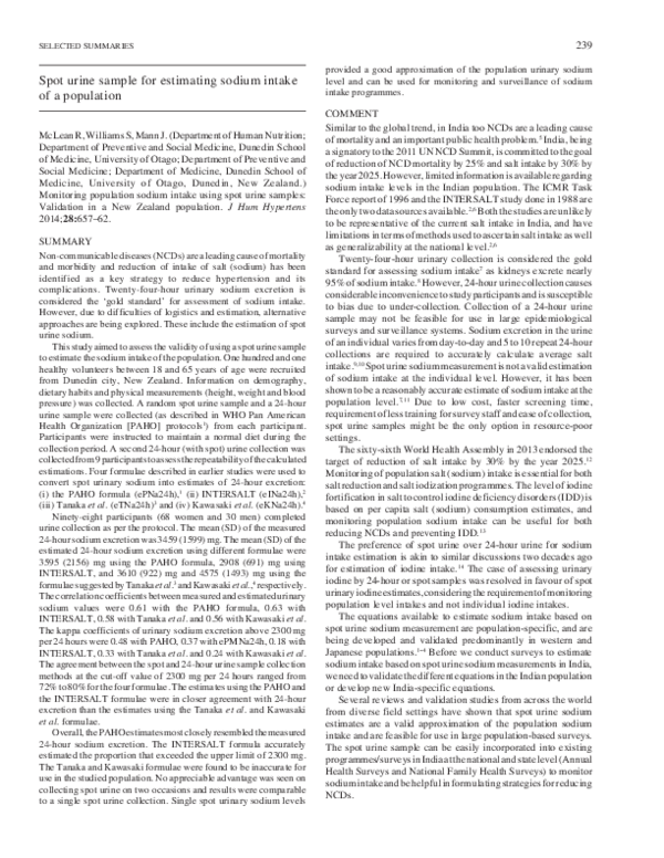 (PDF) Spot urine sample for estimating sodium intake of a population