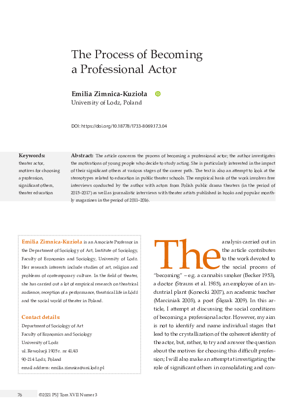 (PDF) The Process of Becoming a Professional Actor