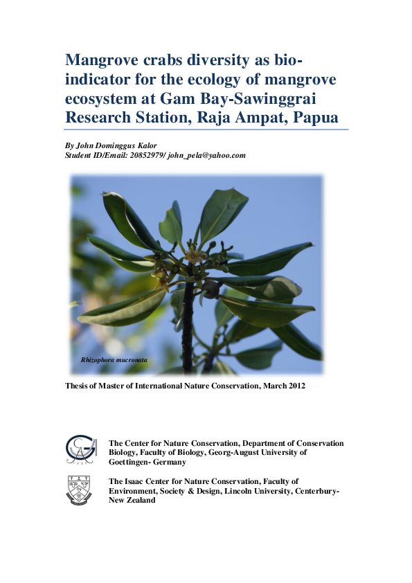 (PDF) Mangrove crabs diversity as bio-indicator for the ecology of mangrove ecosystem at Gam Bay ...