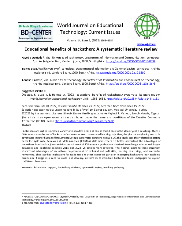 (PDF) Educational benefits of hackathon: A systematic literature review