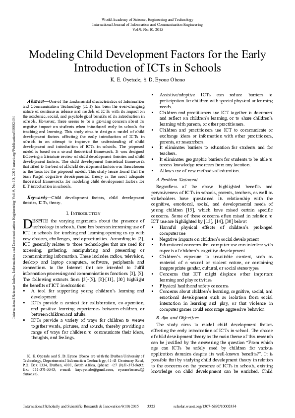 (PDF) Modeling Child Development Factors For The Early Introduction Of Icts In Schools