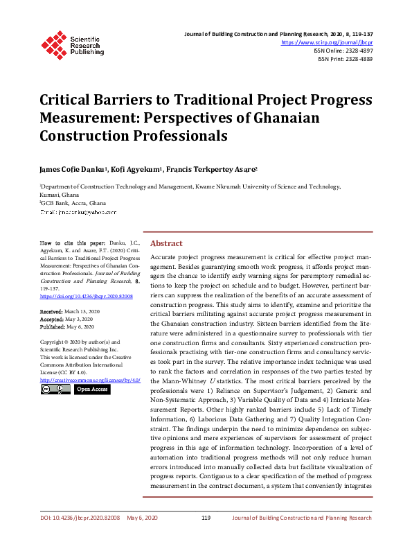 (PDF) Critical Barriers to Traditional Project Progress Measurement ...