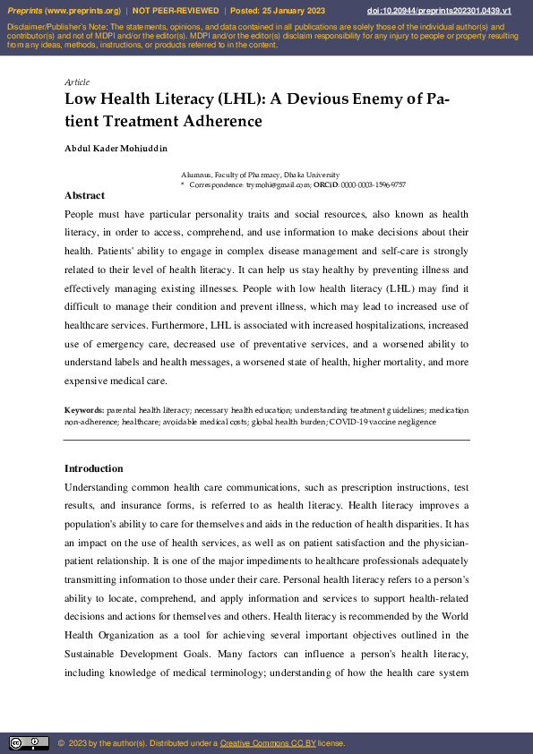(PDF) Low Health Literacy (LHL): A Devious Enemy of Patient Treatment ...