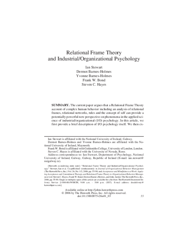 (PDF) Relational Frame Theory and Industrial/Organizational Psychology