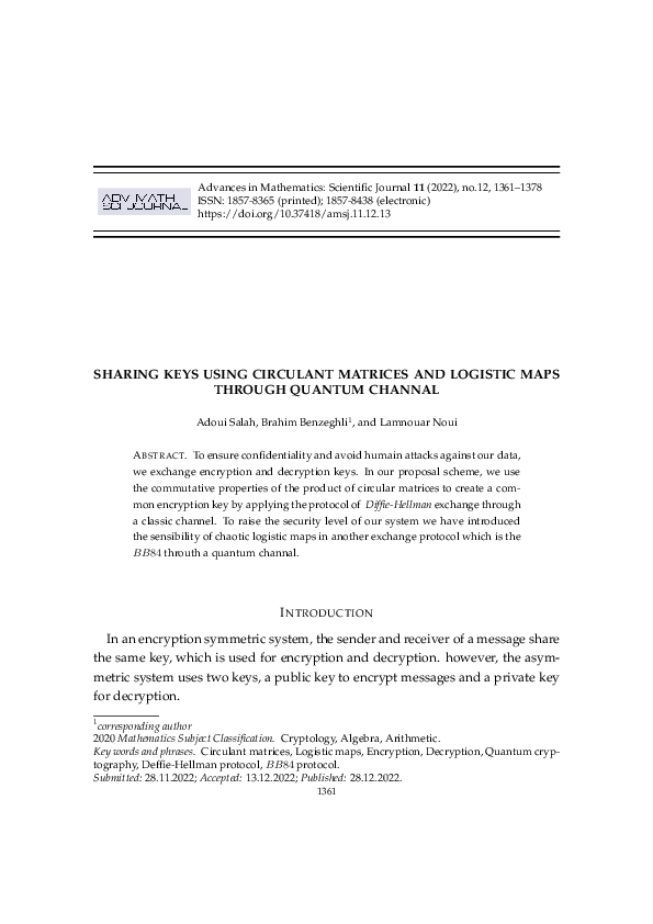 (PDF) Sharing Keys Using Circulant Matrices and Logistic Maps Through Quantum Channal