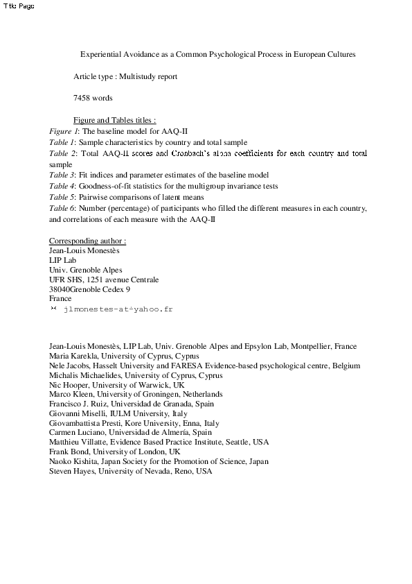 (PDF) Experiential Avoidance as a Common Psychological Process in ...