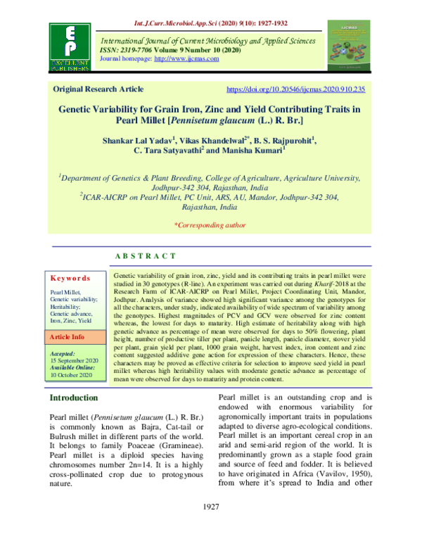 (PDF) Genetic Variability for Grain Iron, Zinc and Yield Contributing Traits in Pearl Millet ...