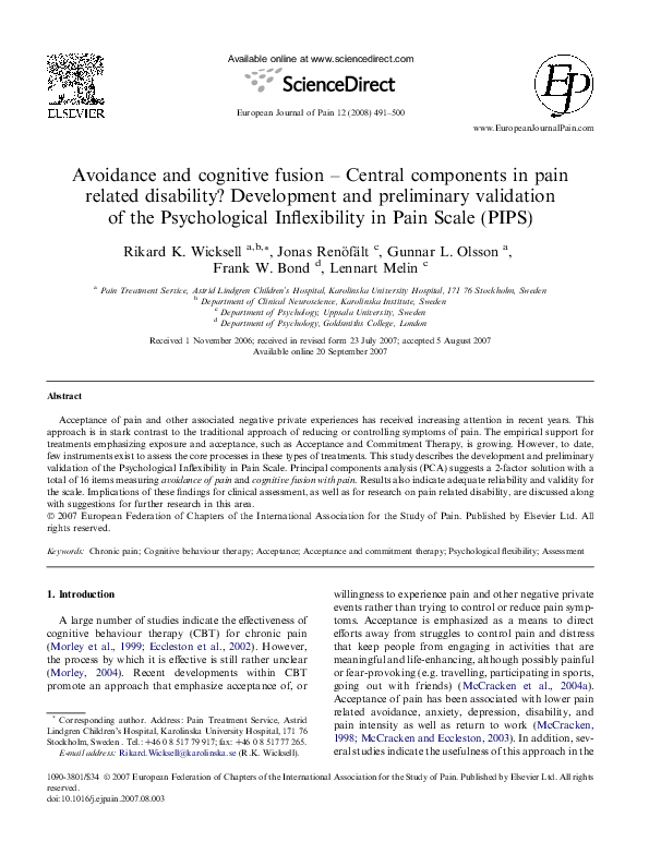 (PDF) Avoidance and cognitive fusion - Central components in pain related disability ...