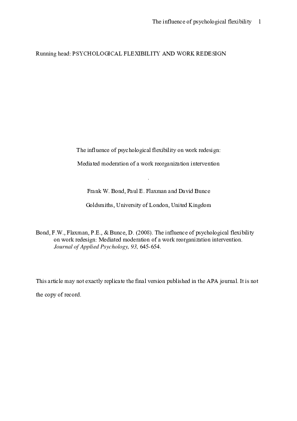 (PDF) The influence of psychological flexibility on work redesign: Mediated moderation of a work ...