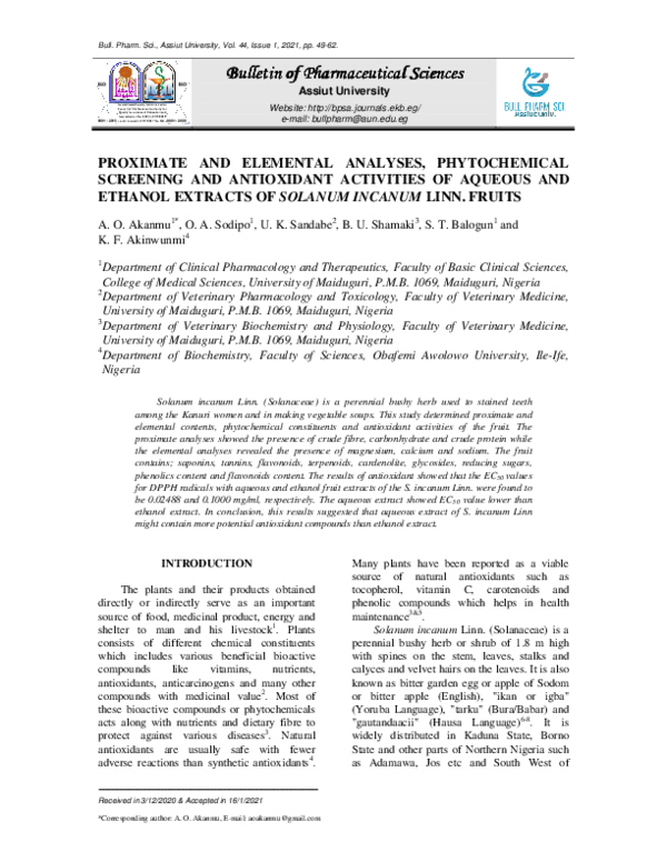 (PDF) Proximate and Elemental Analyses, Phytochemical Screening and Antioxidant Activities of ...