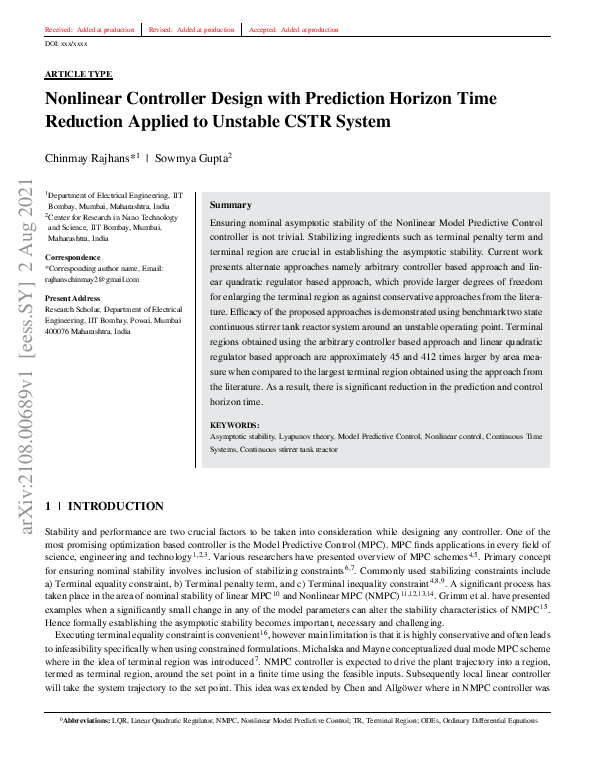 (PDF) Nonlinear controller design with prediction horizon time reduction applied to unstable ...