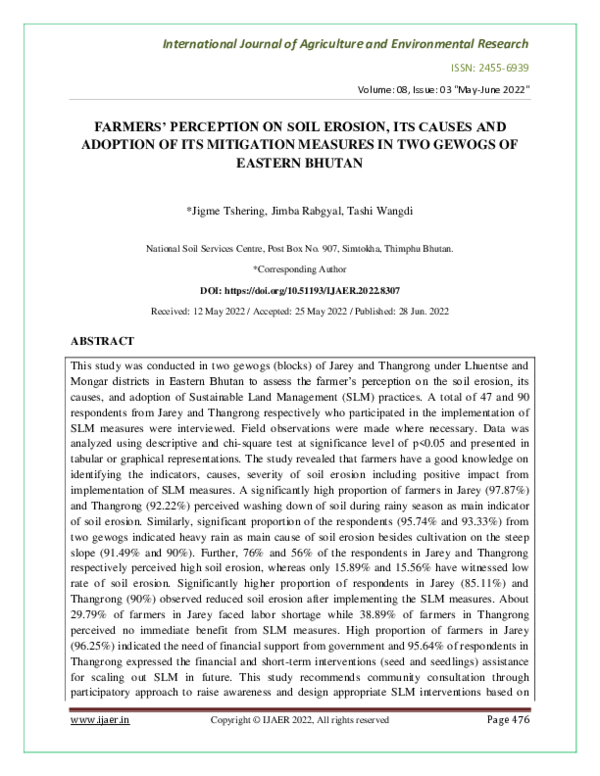 (PDF) Farmers’ Perception on Soil Erosion, Its Causes and Adoption of Its Mitigation Measures in ...