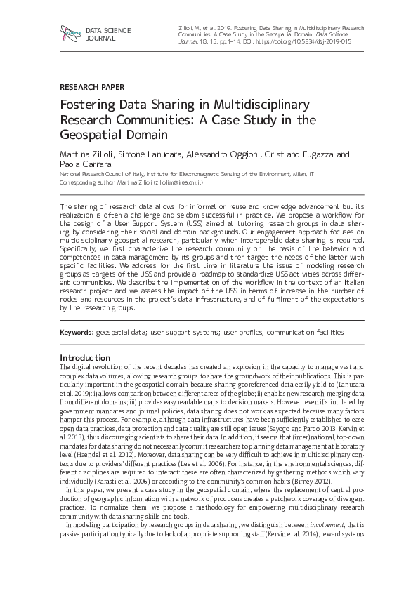 (PDF) Fostering Data Sharing in Multidisciplinary Research Communities ...