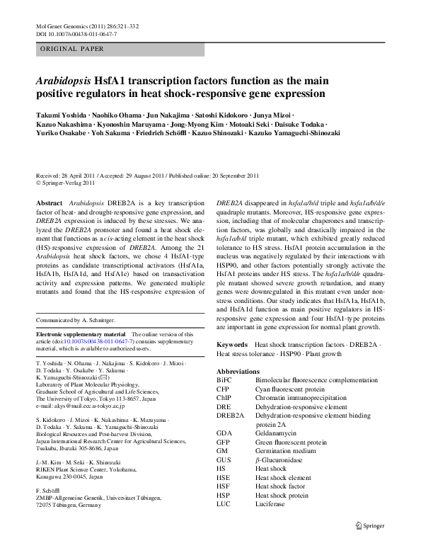 (PDF) Arabidopsis HsfA1 transcription factors function as the main ...