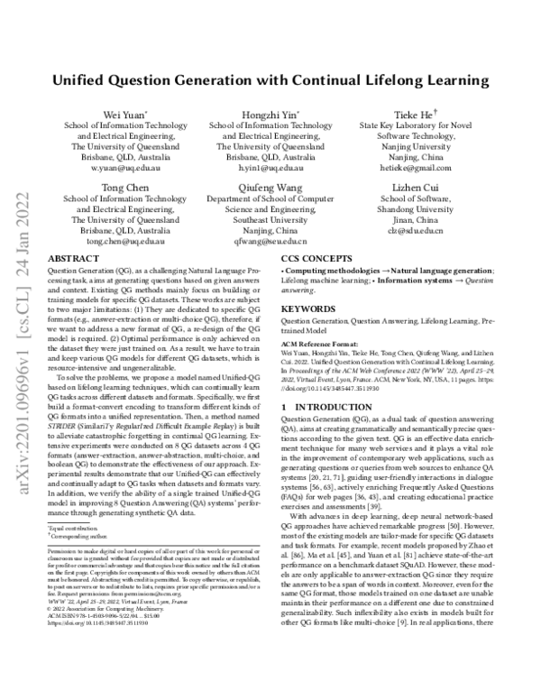(PDF) Unified Question Generation with Continual Lifelong Learning