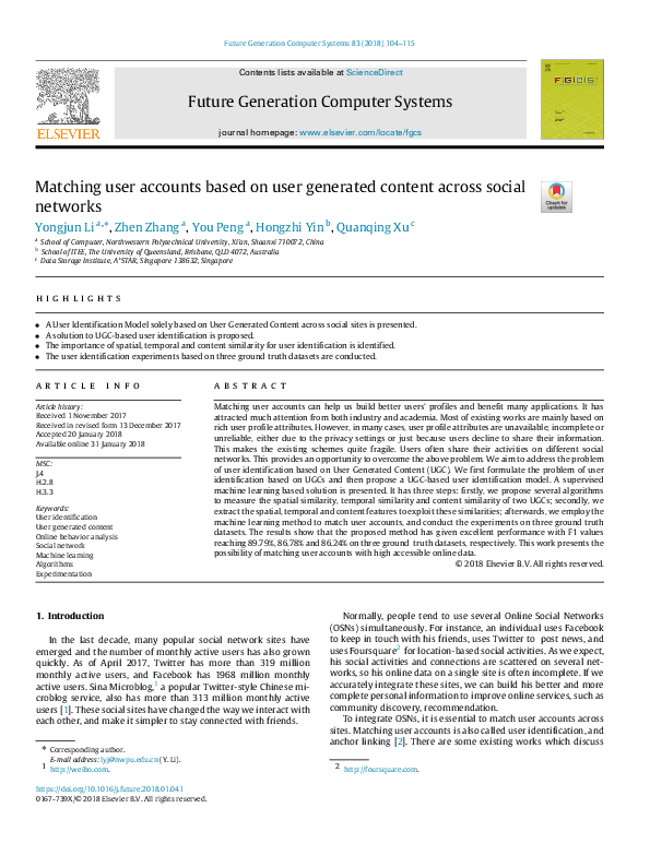(PDF) Matching user accounts based on user generated content across social networks