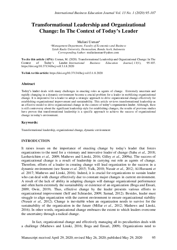 (PDF) Transformational Leadership and Organizational Change: In The Context of Today’s Leader