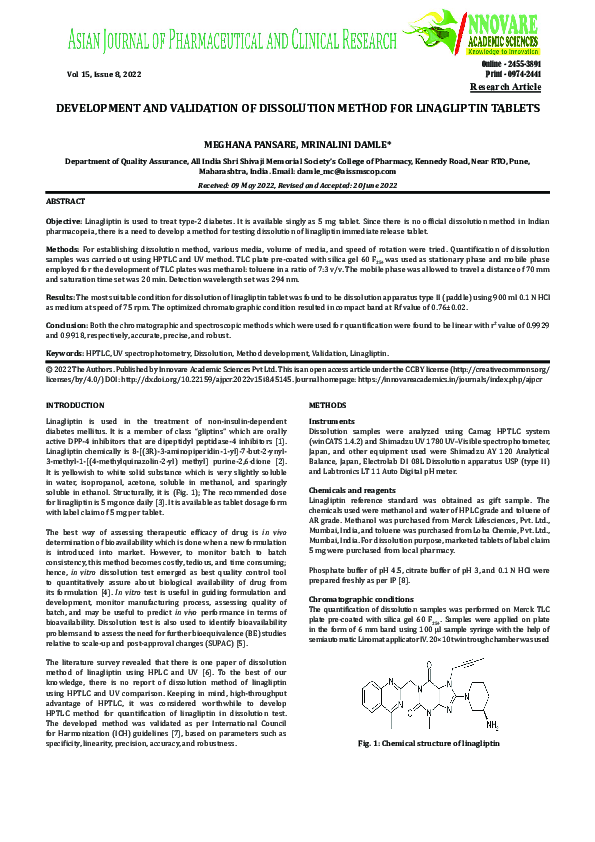 Pdf Development And Validation Of Dissolution Method For Linagliptin Tablets