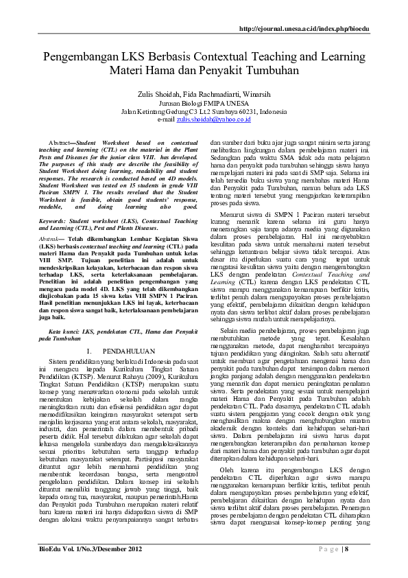 (PDF) Pengembangan LKS Berbasis Contextual Teaching and Learning Materi Hama dan Penyakit Tumbuhan