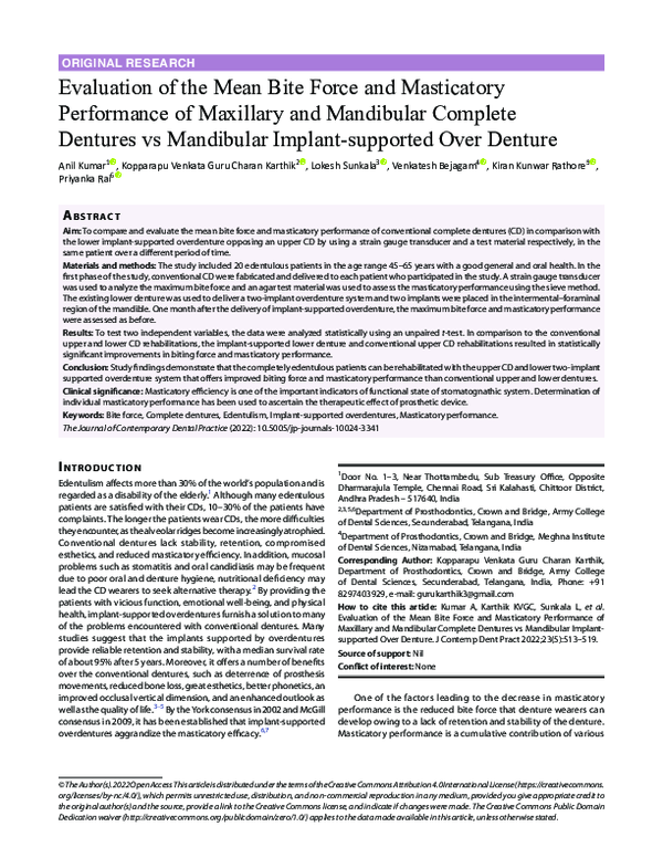 (PDF) Evaluation of the Mean Bite Force and Masticatory Performance of ...