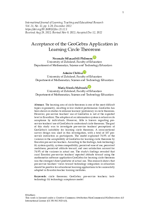(PDF) Acceptance of the GeoGebra Application in Learning Circle Theorems