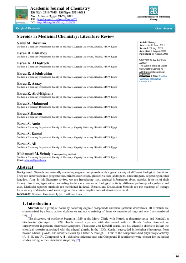 (PDF) Steroids in Medicinal Chemistry: Literature Review