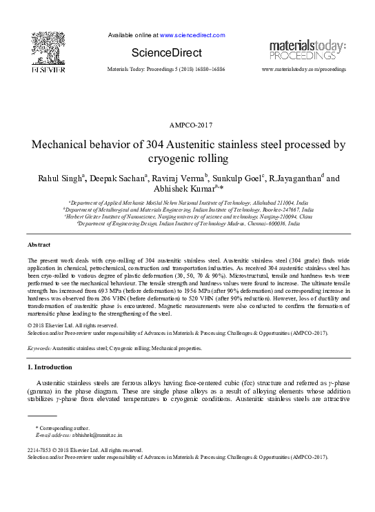 (PDF) Mechanical behavior of 304 Austenitic stainless steel processed ...