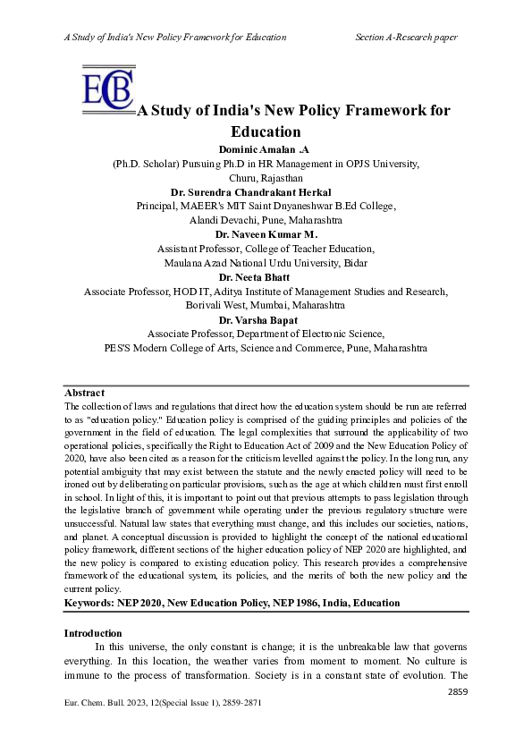 (PDF) A Study of India's New Policy Framework for Education