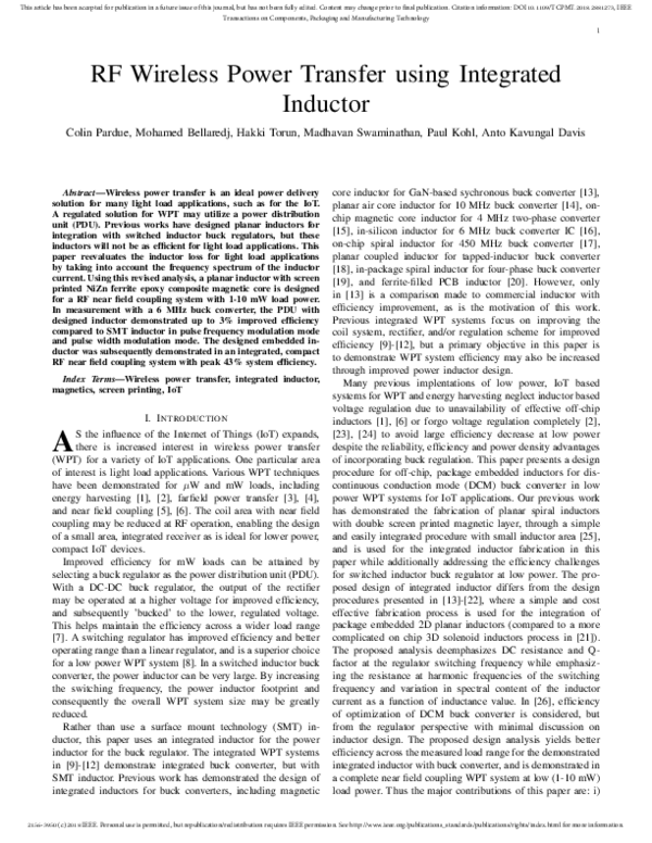 (PDF) RF Wireless Power Transfer Using Integrated Inductor