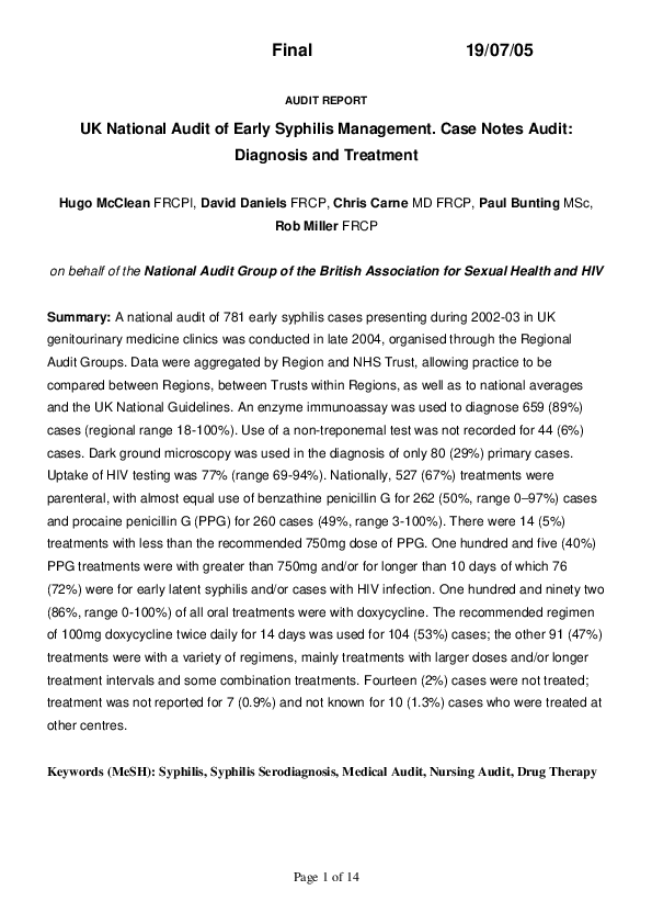 (PDF) UK National Audit of Early Syphilis Management. Case notes audit ...