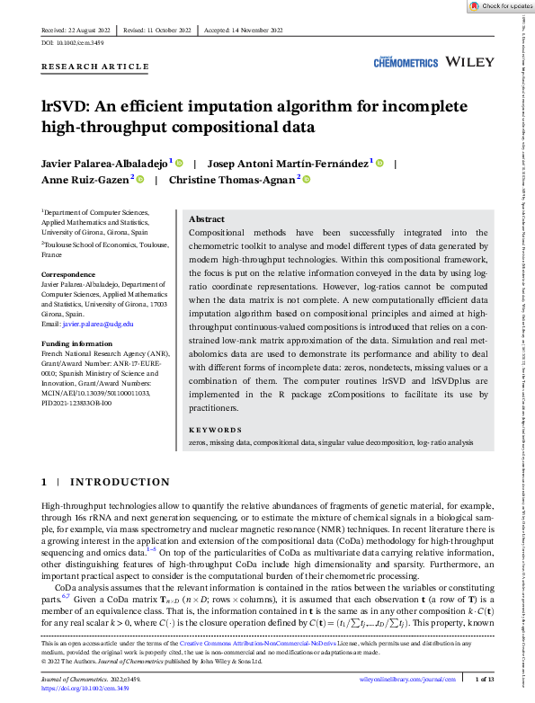 Pdf Lrsvd An Efficient Imputation Algorithm For Incomplete High‐throughput Compositional Data