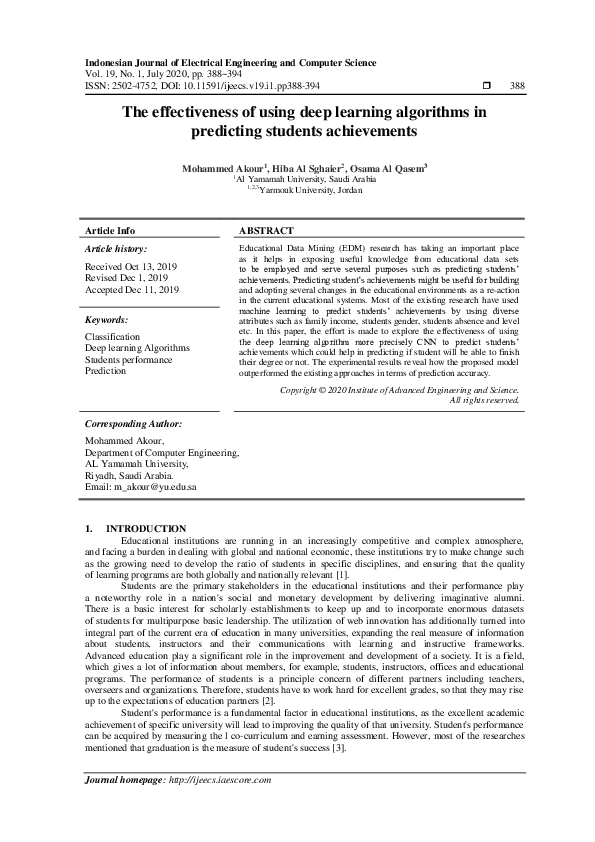 Pdf The Effectiveness Of Using Deep Learning Algorithms In Predicting