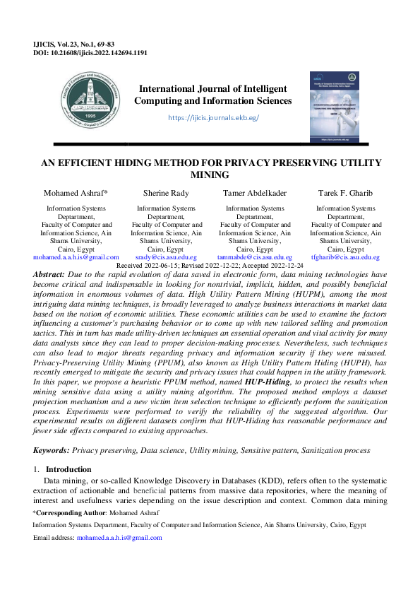 (PDF) An Efficient Hiding Method for Privacy Preserving Utility Mining