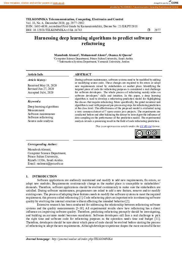 (PDF) Harnessing deep learning algorithms to predict software refactoring