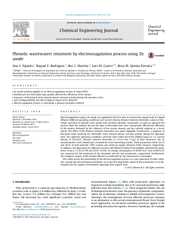 (PDF) Phenolic wastewaters treatment by electrocoagulation process using Zn anode