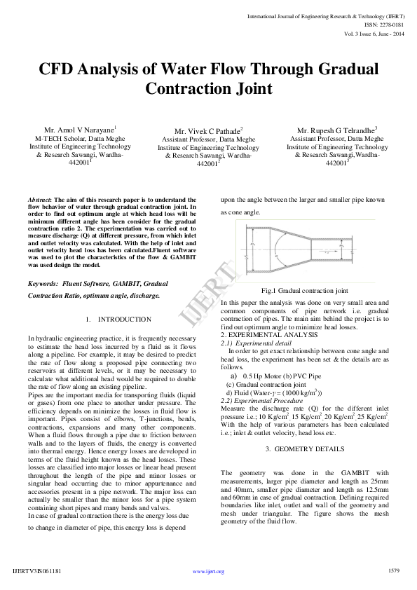 (PDF) CFD Analysis of Water Flow Through Gradual Contraction Joint