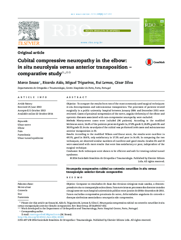 (PDF) Cubital compressive neuropathy in the elbow: in situ neurolysis ...