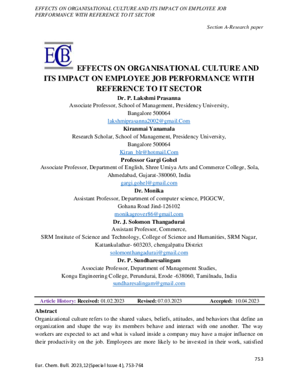(PDF) Effects on Organisational Culture and its Impact on Employee Job Performance with ...