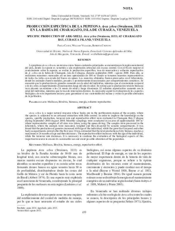 (PDF) NOTA PRODUCCIÓN ESPECÍFICA DE LA PEPITONA Arca zebra (Swainson ...