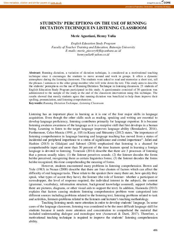(PDF) Students’ Perceptions on the Use of Running Dictation Technique in Listening Classroom