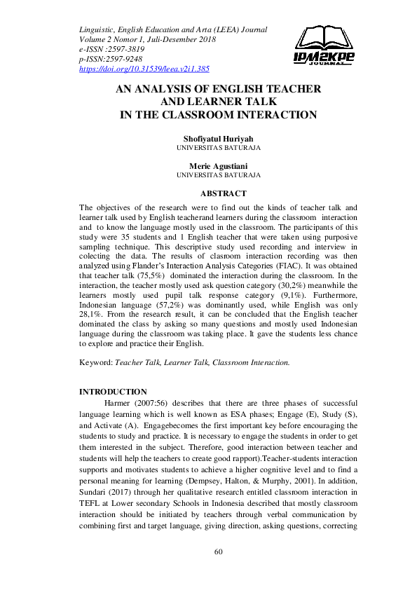 (PDF) An Analysis of English Teacher and Learner Talk in the Classroom ...