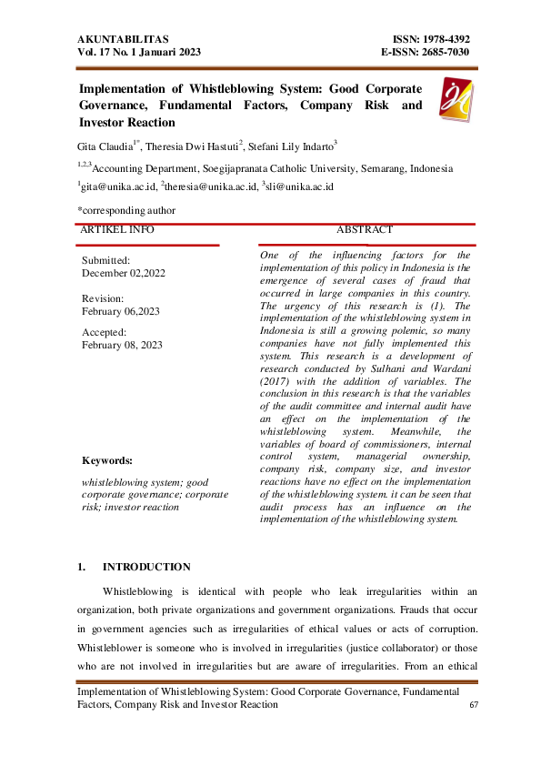 (PDF) Implementation of Whistleblowing System: Good Corporate Governance, Fundamental Factors ...