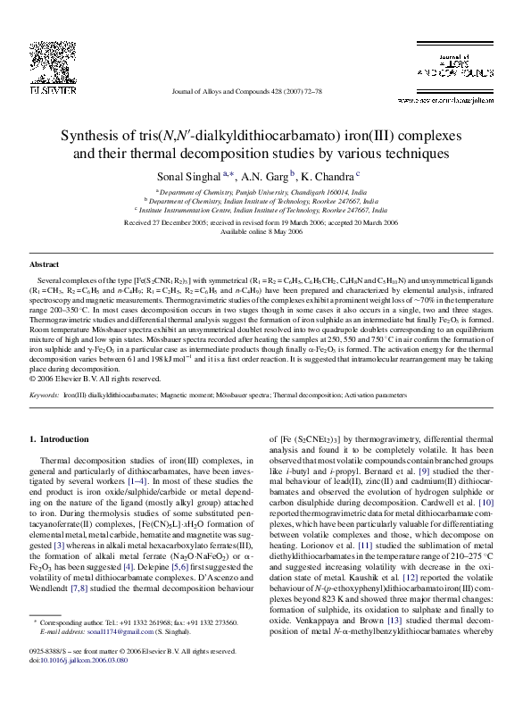 (PDF) Synthesis of tris(N,N′-dialkyldithiocarbamato) iron(III ...